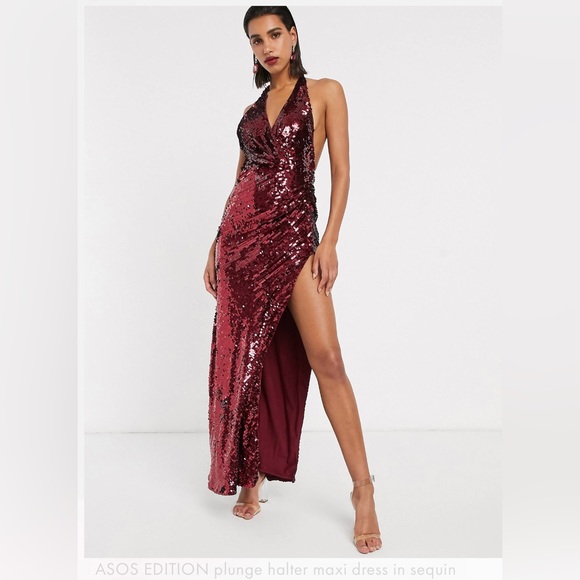 ASOS | Dresses | Asos Edition Plunge Halter Maxi Dress In Sequin | Poshmark